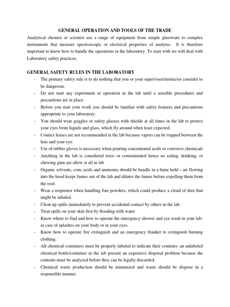 General Operation In The Lab And Tools Of The Trade Pdf