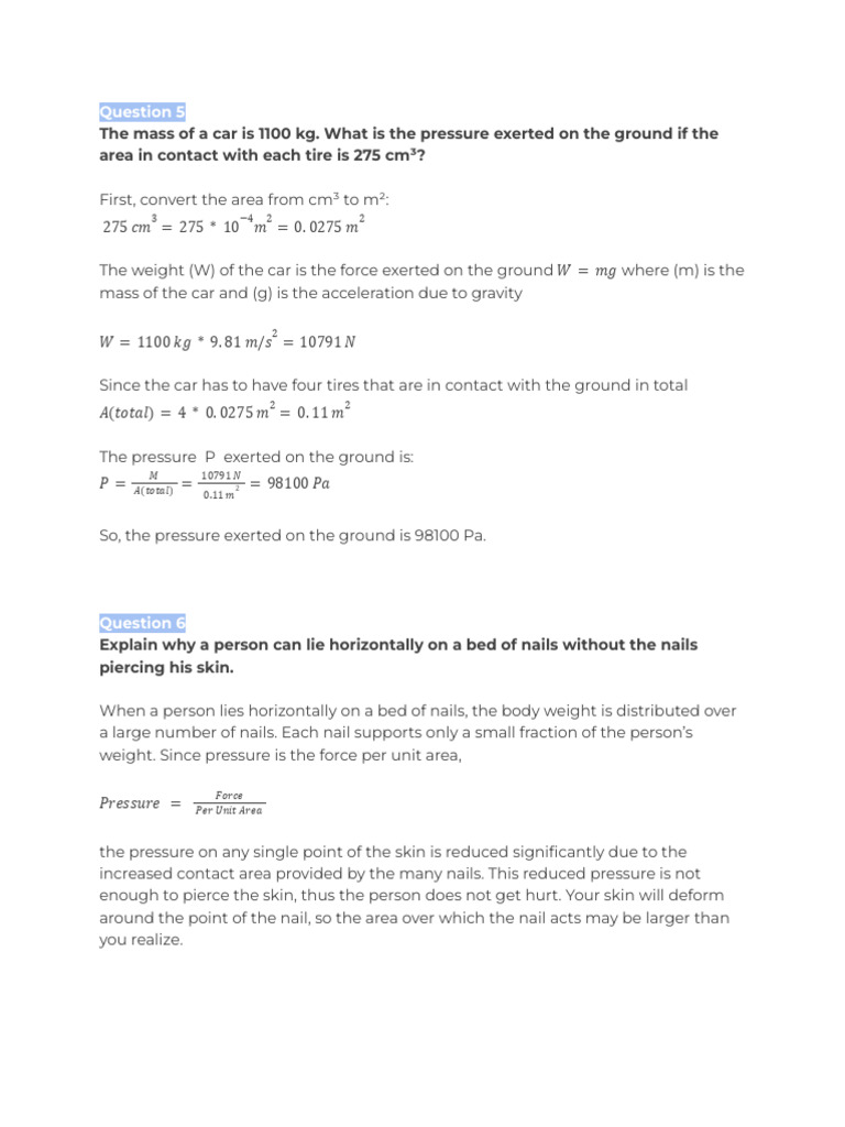 Physics Year 10 - Questions On Pressure | PDF | Pressure | Force