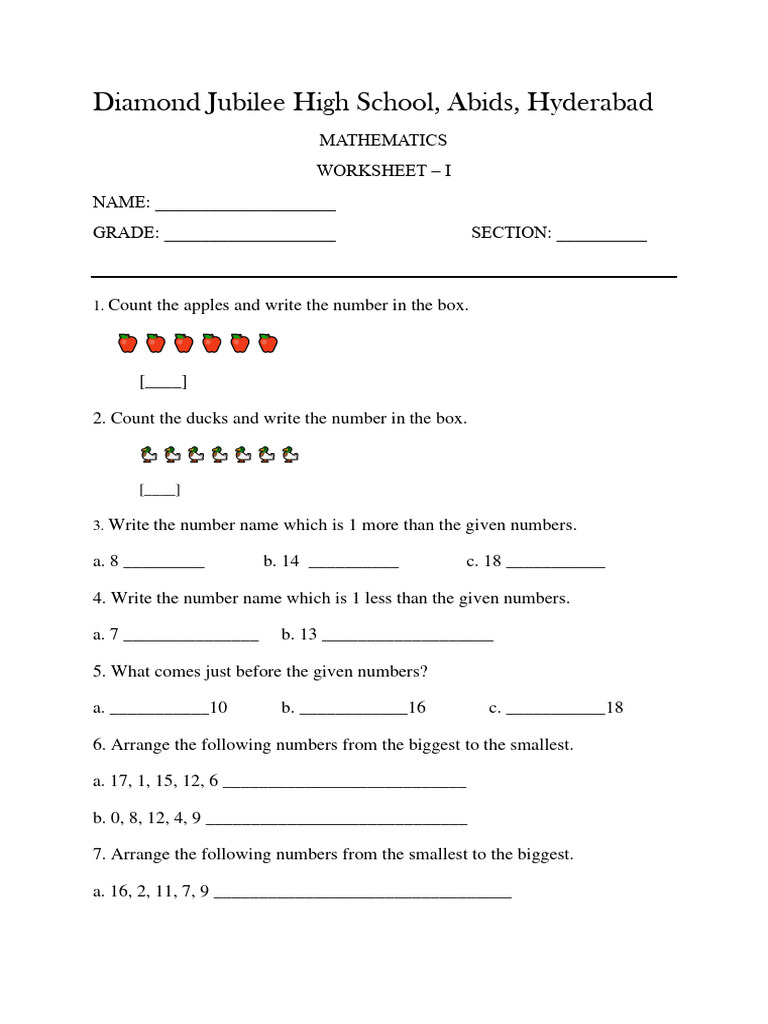 Grade 1 Math Worksheet 1 | PDF