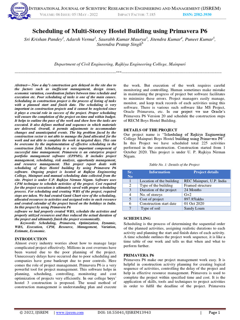 Scheduling of Multi-Storey Hostel Building Using Primavera P6 | PDF ...