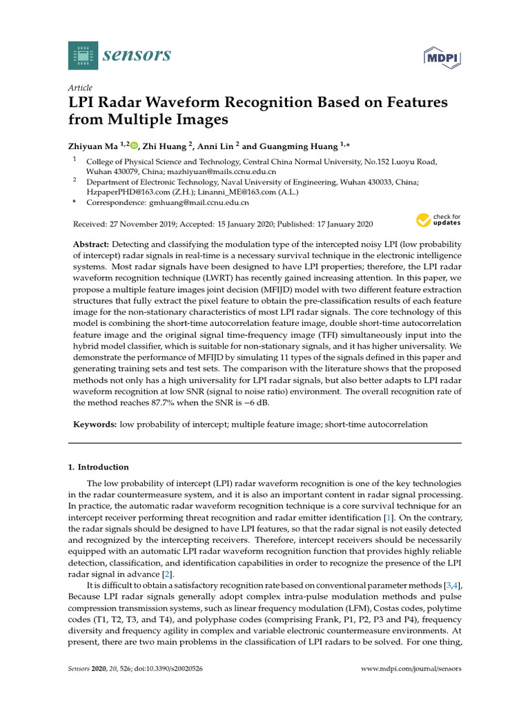 LPI Radar Waveform Recognition Based On Features F 2 | PDF | Radar | Signal To Noise Ratio