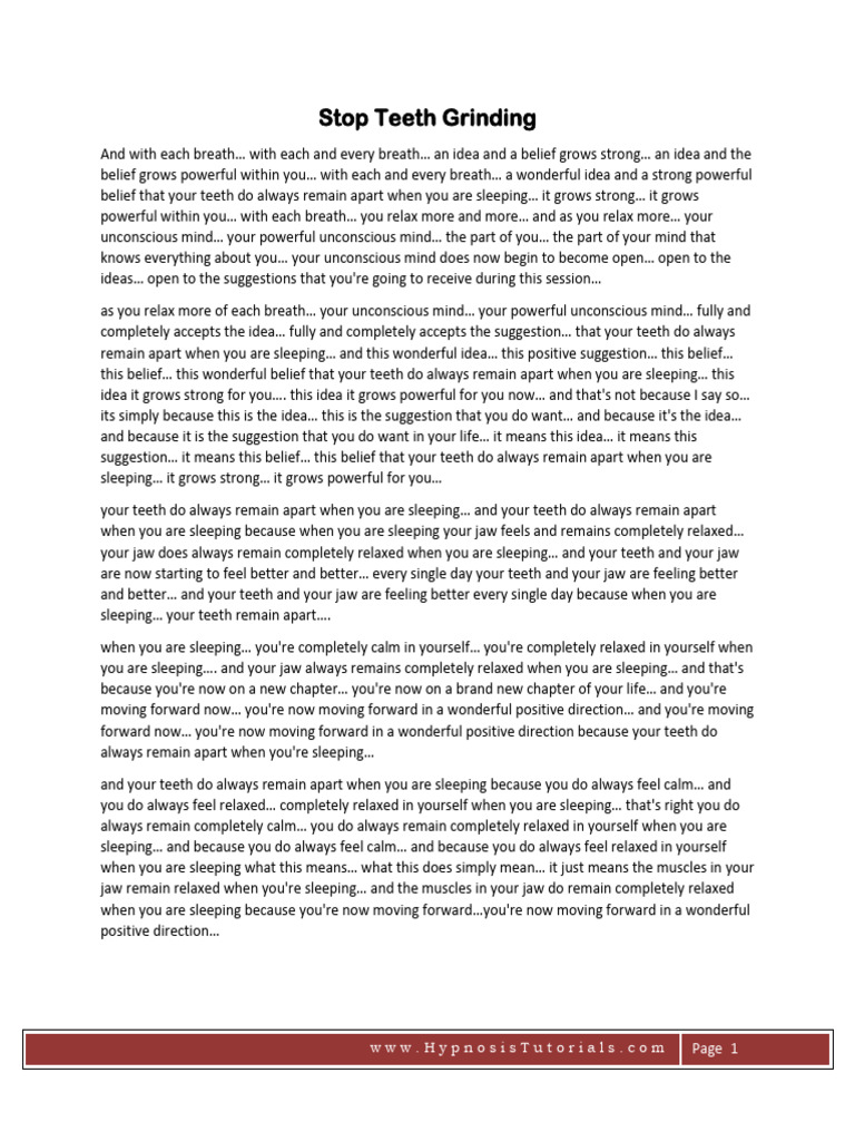 Stop Teeth Grinding Hypnosis Script | PDF | Feeling | Psychology