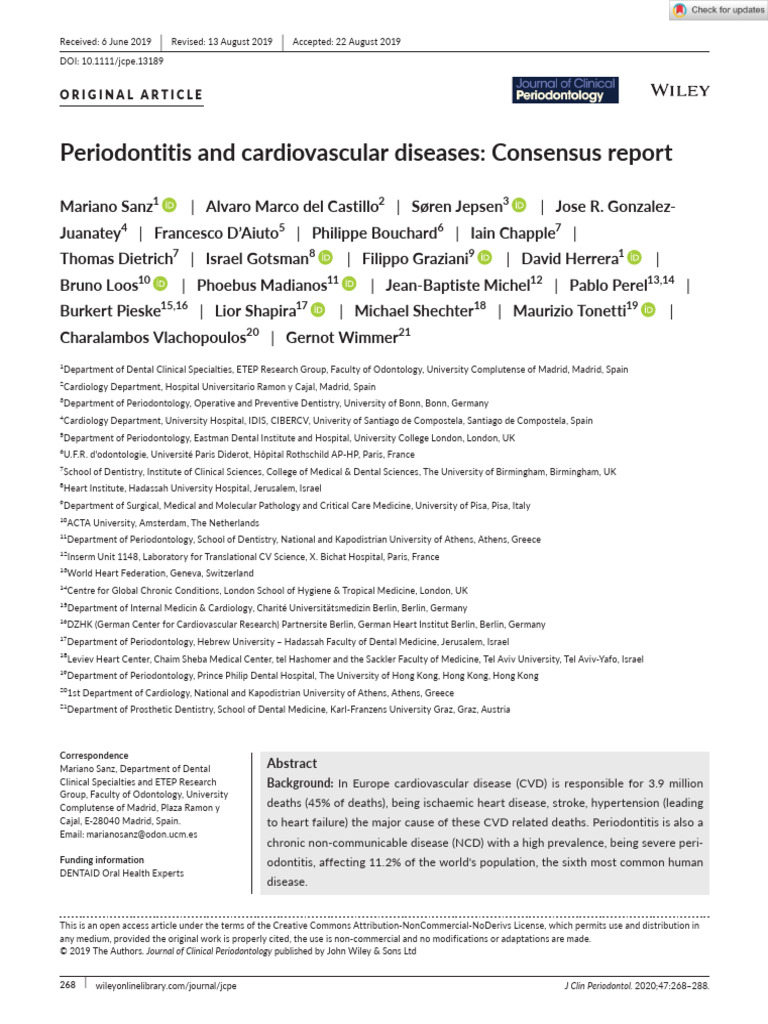 J Clinic Periodontology - 2020 - Sanz - Periodontitis and Cardiovascular Diseases Consensus ...
