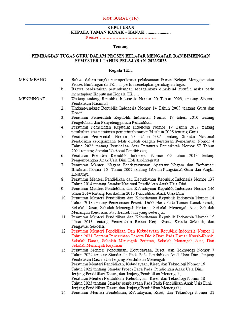 SK Pemb Tugas Mengajar SMT 1 Tahun 2023-2024 | PDF