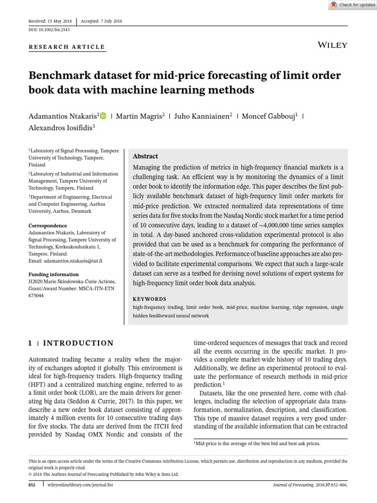 Journal of Forecasting - 2018 - Ntakaris - Benchmark Dataset For Mid ...