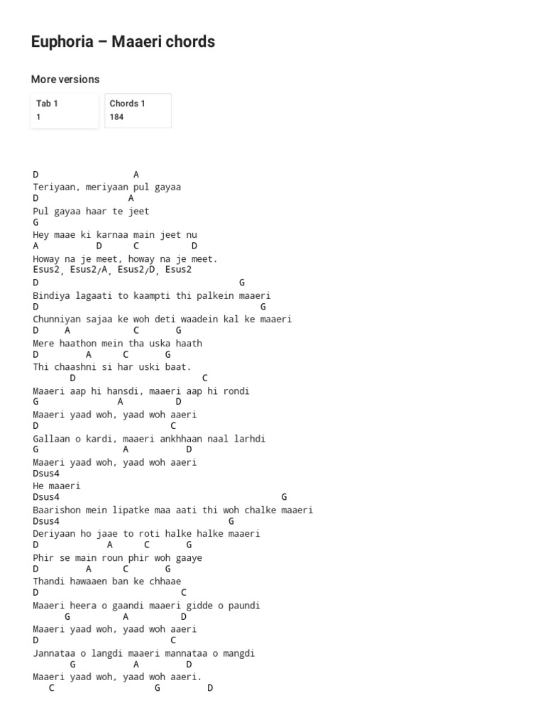 Maaeri Chords With Lyrics by Euphoria For Guitar and Ukulele at ...