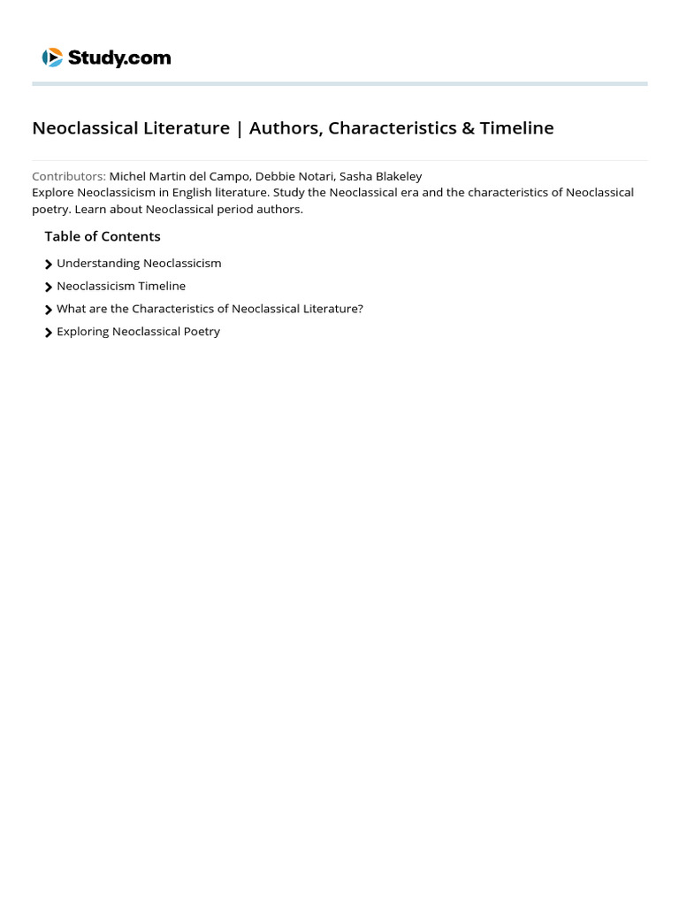 Neoclassical Literature - Authors, Characteristics & Timeline - Lesson ...