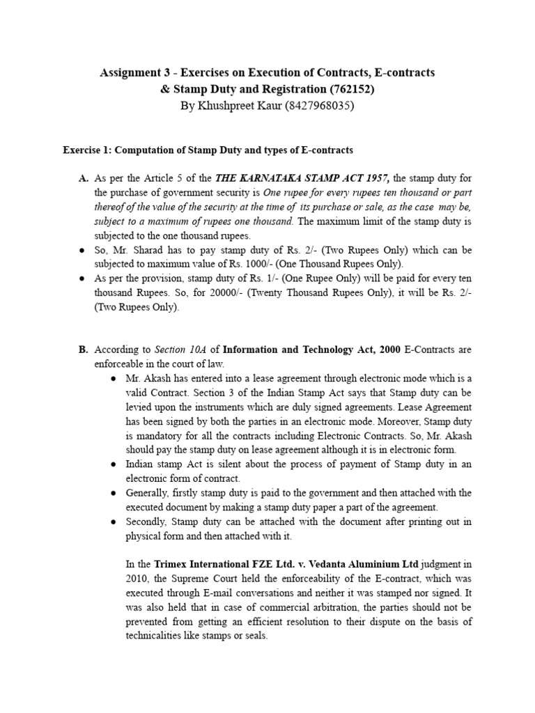 Assignment 3 - Exercises On Execution of Contracts, E-Contracts | PDF | Common Law | Justice