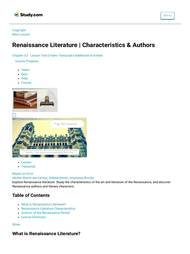 Renaissance Literature _ Characteristics & Authors - Lesson _ Study.com ...