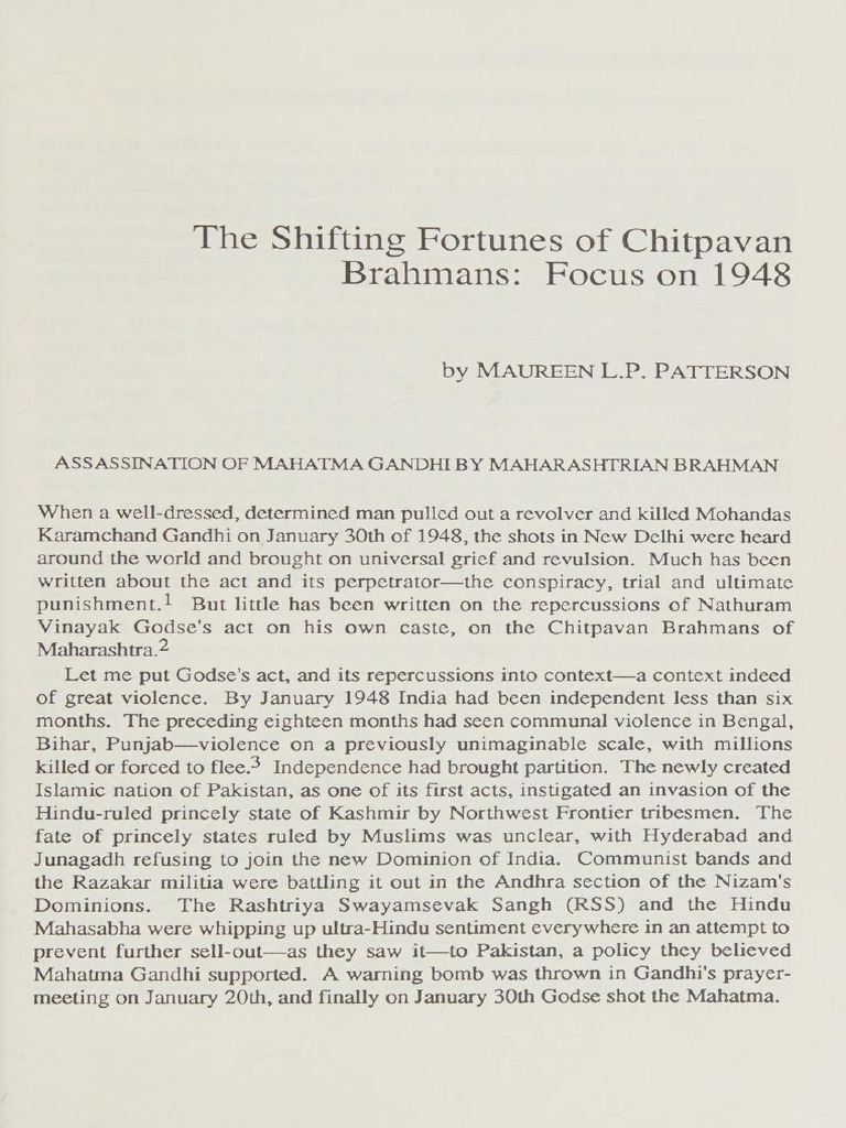 The Shifting Fortunes of Chitpavan Brahmans Focus On 1948 by MAUREEN L ...
