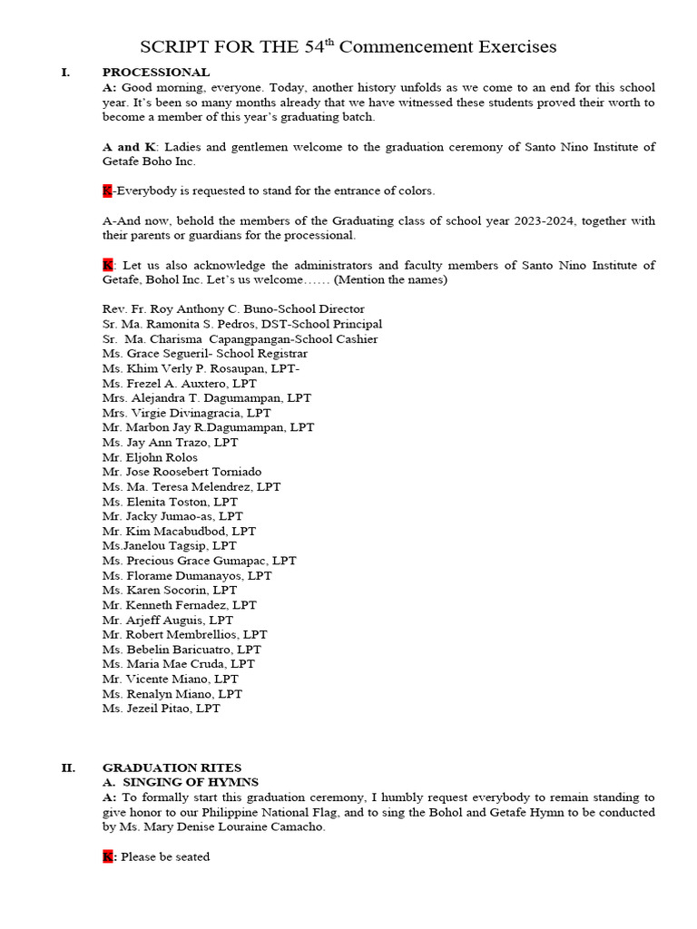 54th Santo Nino Institute Graduation Script | PDF | Language Arts ...
