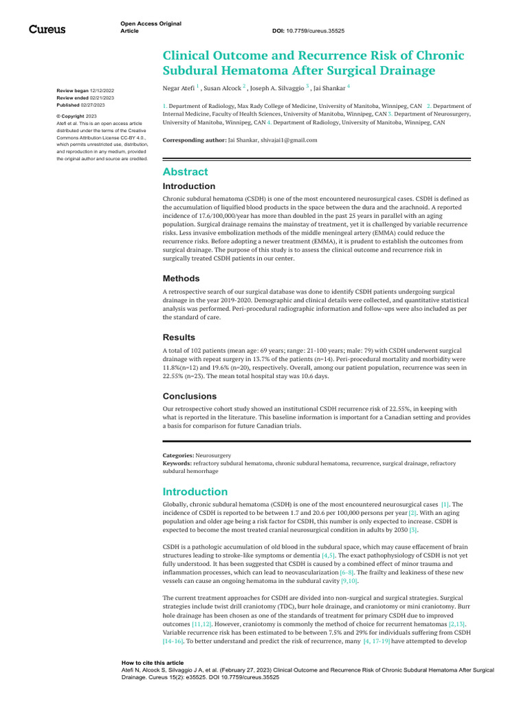 Atefi 2023 - Clinical Outcome and Recurrence Risk of CSDH After ...