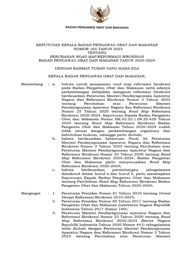 Keputusan Kepala BPOM Nomor 165 Tahun 2023 Tentang Perubahan Road Map Reformasi Birokrasi Tahun ...