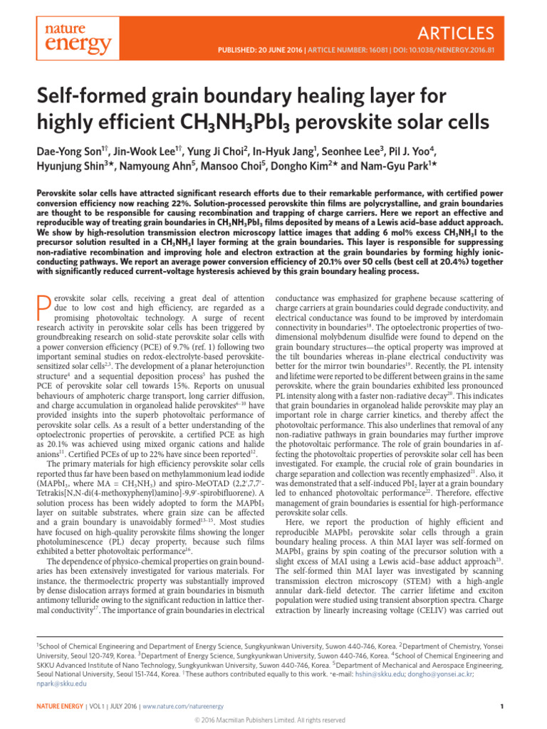 Self-Formed Grain Boundary Healing Layer For Highly Efficient CH3NH3PbI3 Perovskite Solar Cells ...