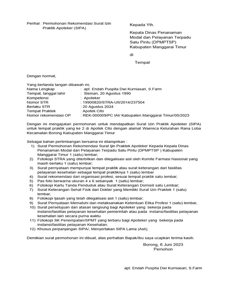 Surat permohonan SIPA ke DPMPTSP | PDF
