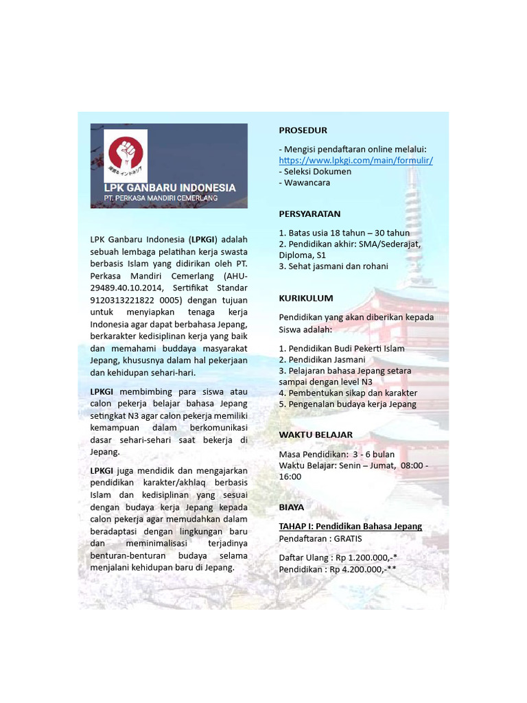 Flyer LPK Ganbaru Indonesia | PDF
