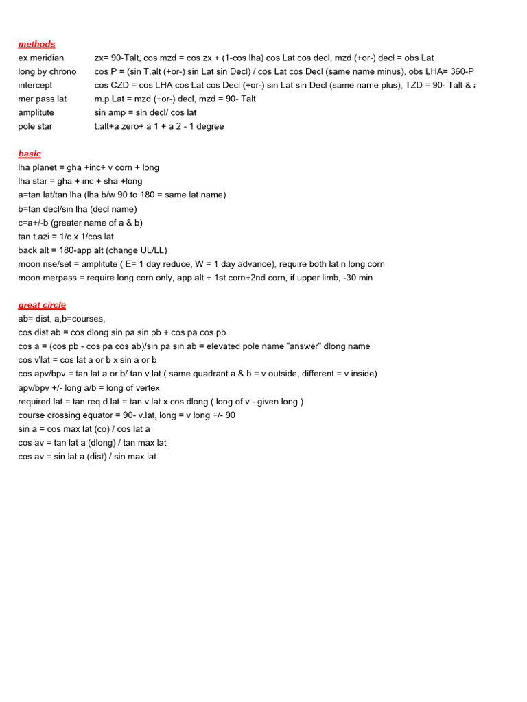 Practical Nav Formula | PDF | Astronomy | Navigation