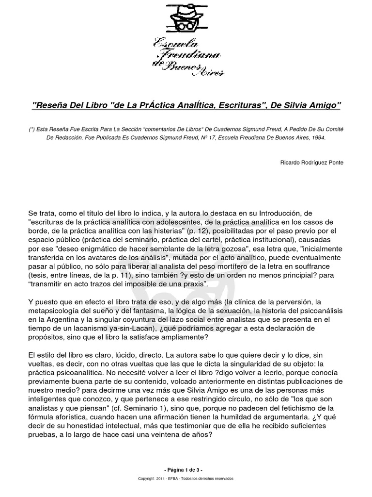 Reseña Del Libro de La Práctica Análitica de Silvia Amigo-Rodríguez ...