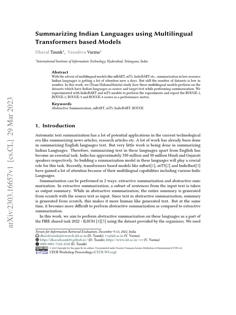 Summarizing Indian Languages Using Multilingual Transformers Based Models | PDF | Artificial ...