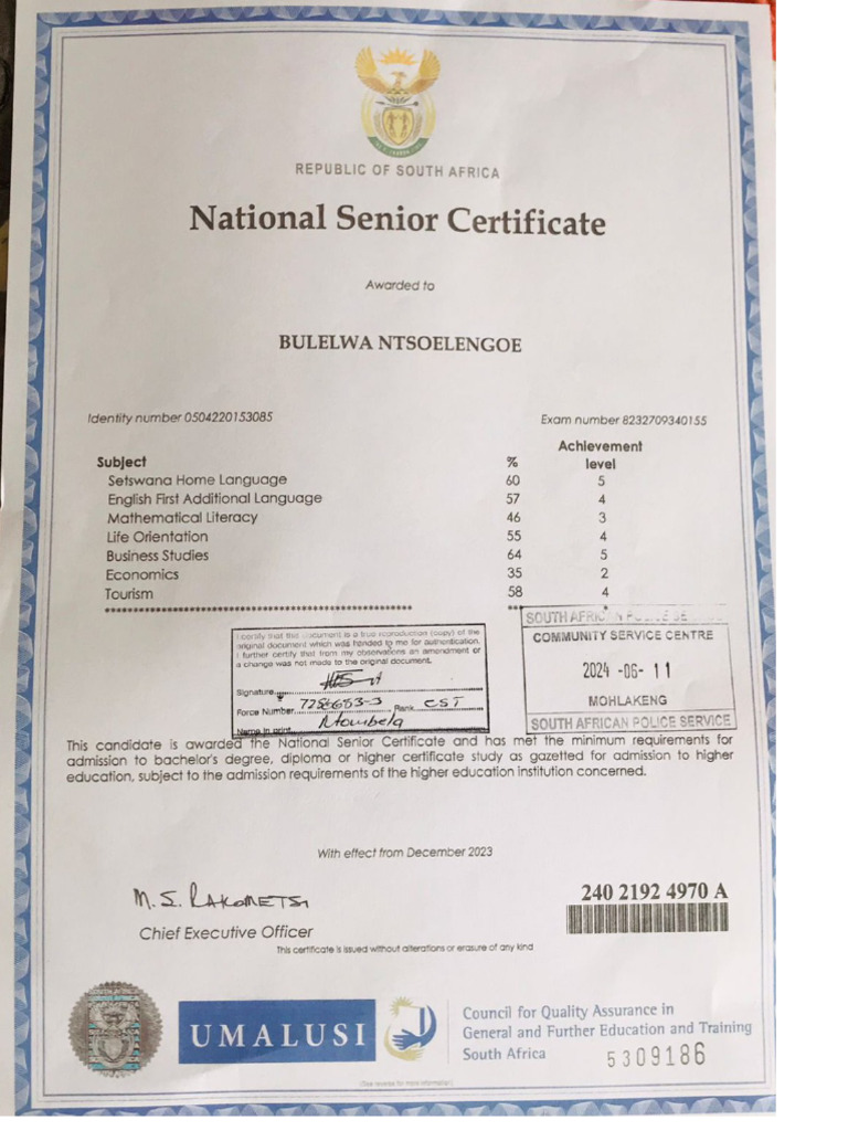 Matric Certificate | PDF