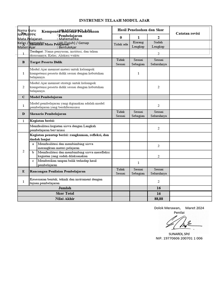 Instrumen-Telaah-Modul Ajar - Helmidawati | PDF