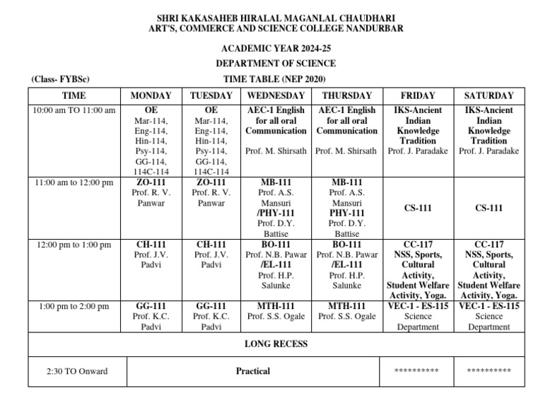NEP 2020 FYBSc Time Table 2024-25 | PDF