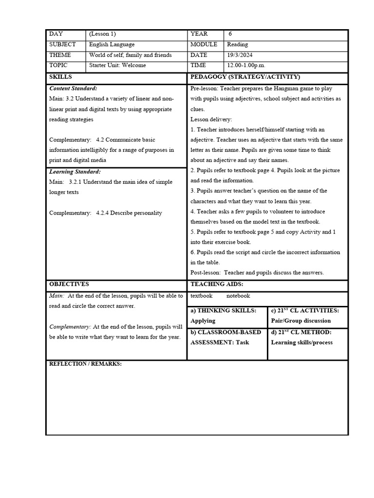Year 6 Lesson Plan | PDF | Teachers | Lesson Plan