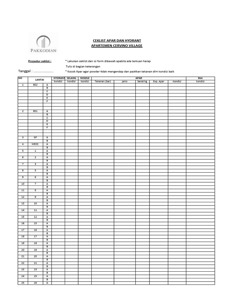 Ceklist APAR dan Hydrant Cervino Village | PDF