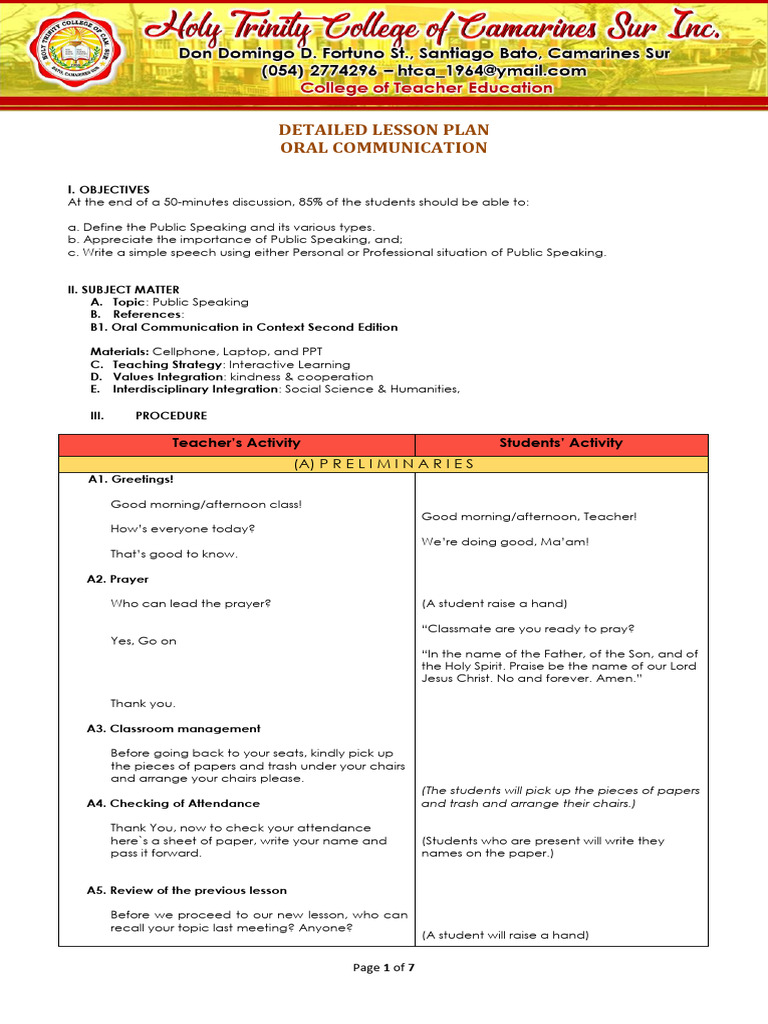 Public Speaking Lesson Plan Overview | PDF | Public Speaking ...
