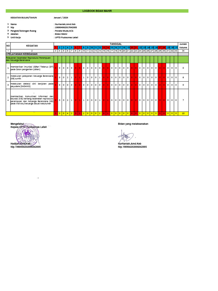LOGBOOK Pelayanan Kesehatan Reproduksi Perempuan Dan Keluarga Berencana TW-1 2024 | PDF