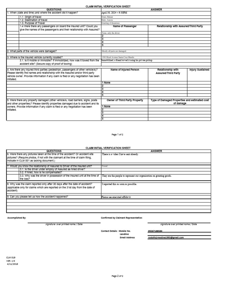 Claim Initial Verification Sheet 3 | PDF
