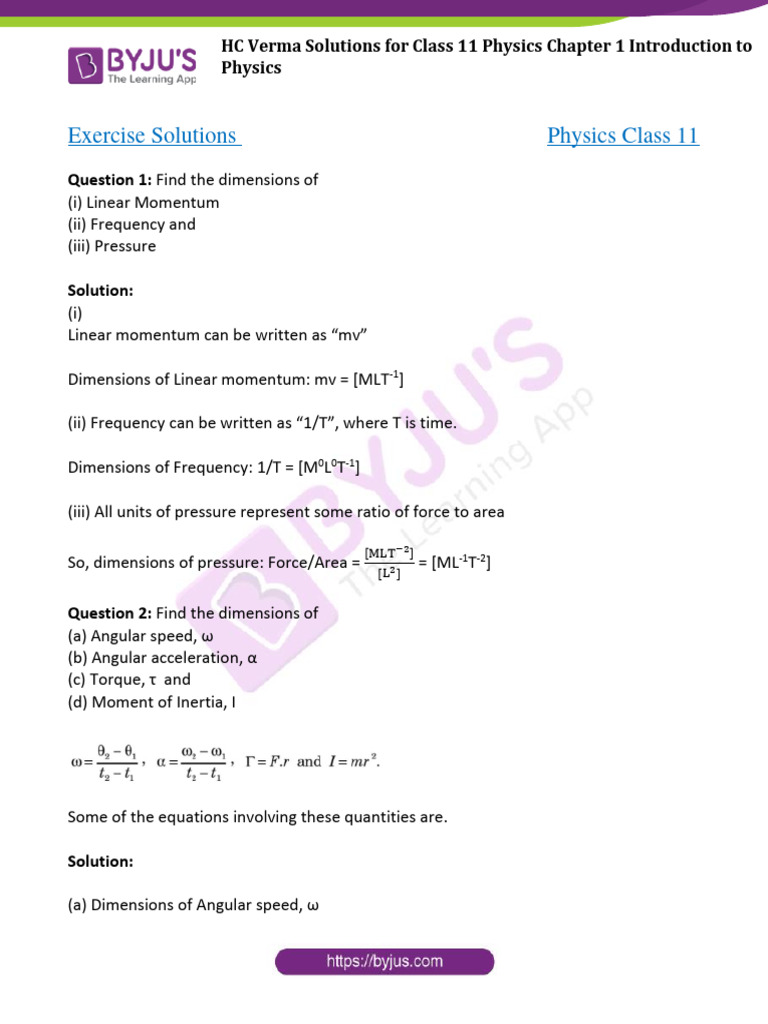 HC Verma Solutions Class 11 Physics Chapter 1 Introduction To Physics | PDF | Torque | Force