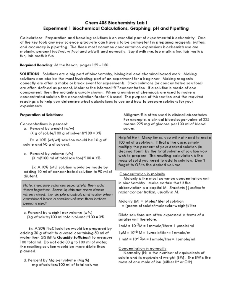 Chem 405 Biochemistry Lab I Experiment 1 Biochemical Calculations, Graphing, PH and Pipetting ...