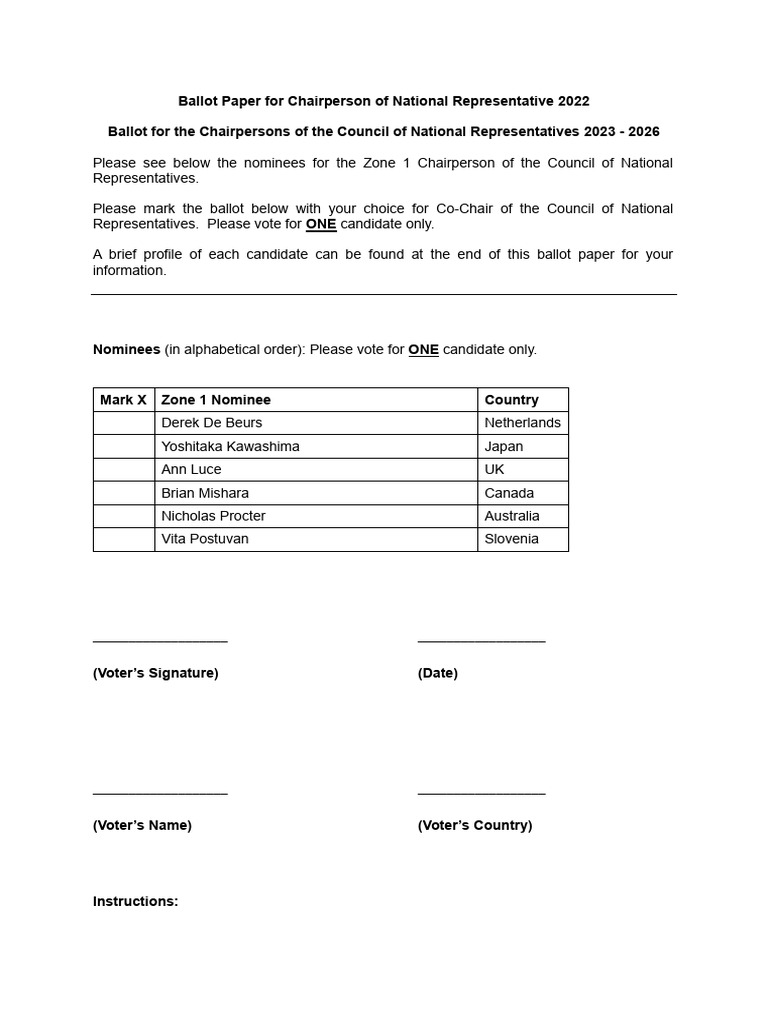 IASP CoChair Nat Rep Ballot Paper | PDF | Mental Health | Suicide
