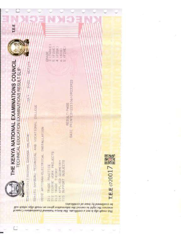 KNEC Technical Education Result Slip | PDF