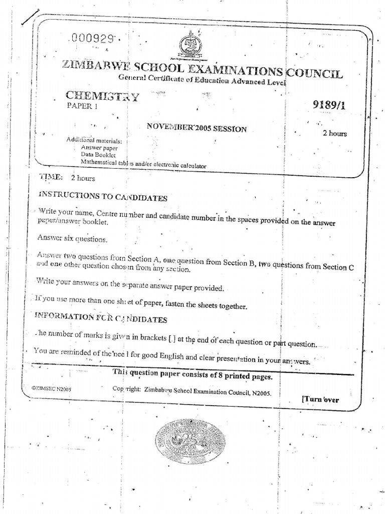 Zimsec A Level Chemistry Paper 1 November 2005 MxMVMQOwakQ9HlDuQlV | PDF
