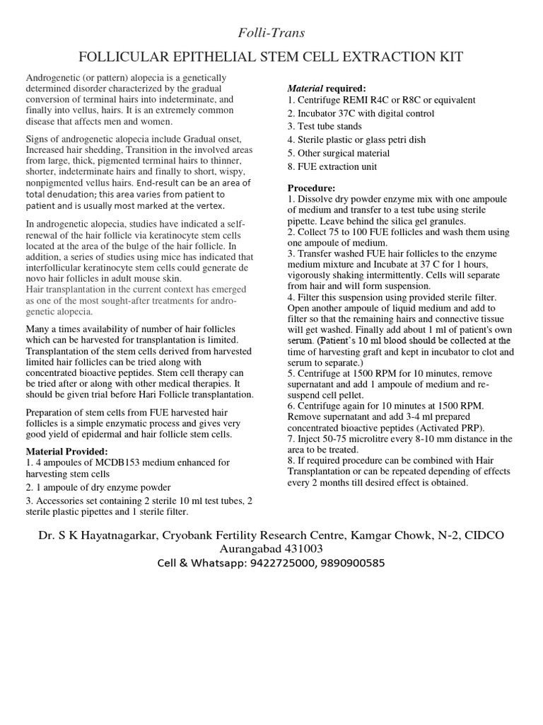 Follicular Stem Cell Extraction Kit | PDF | Hair Loss | Clinical Medicine