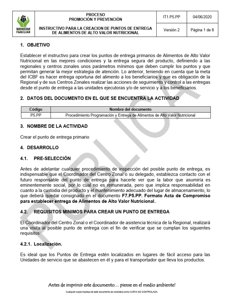 It1.p5.pp Instructivo Creacion Puntos Entrega Aavn v2 | PDF | Alimentos | Agua