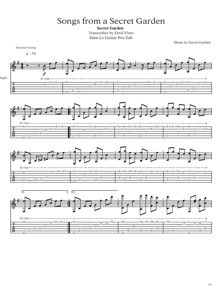 Songs From A Secret Garden Arr For Classical Guitar With Tab | PDF | Guitar Family Instruments ...