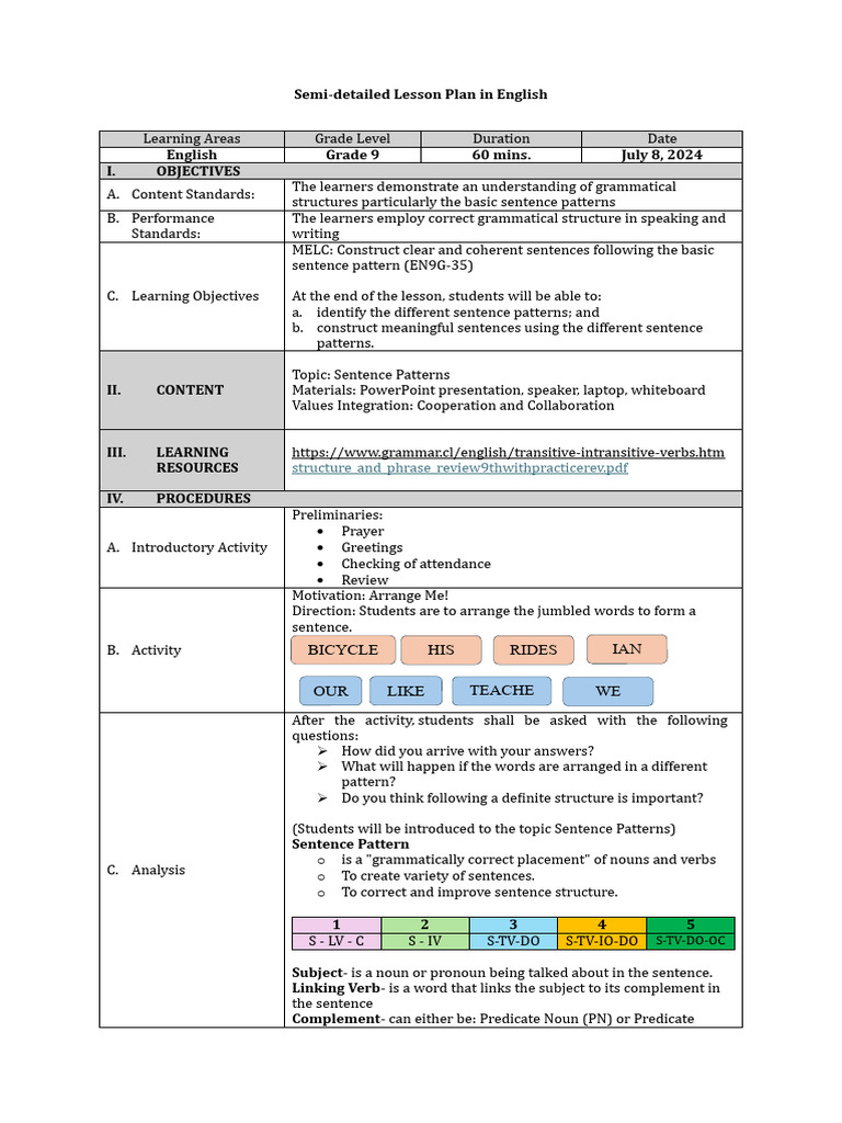 Lesson Plan (Sentence Patterns) | PDF | Verb | Object (Grammar)
