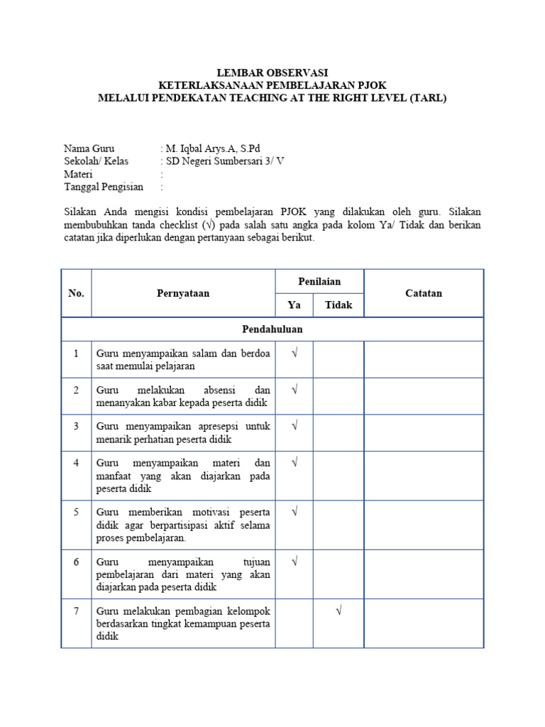 Observasi PJOK dengan Metode TaRL | PDF