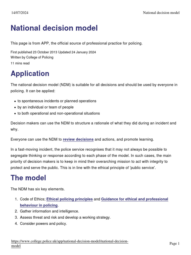 National Decision Model in Policing | PDF | Risk | Policy