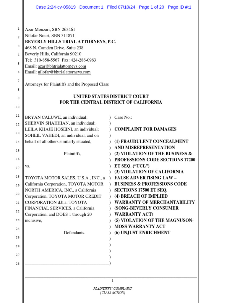 Caluwe Et Al V Toyota Motor Sales Usa Inc Et Al | PDF | Class Action ...