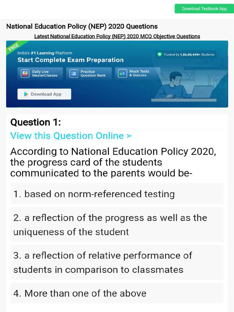 MCQ On National Education Policy Nep 2020 621f7275b9516ab546f0b29a | PDF