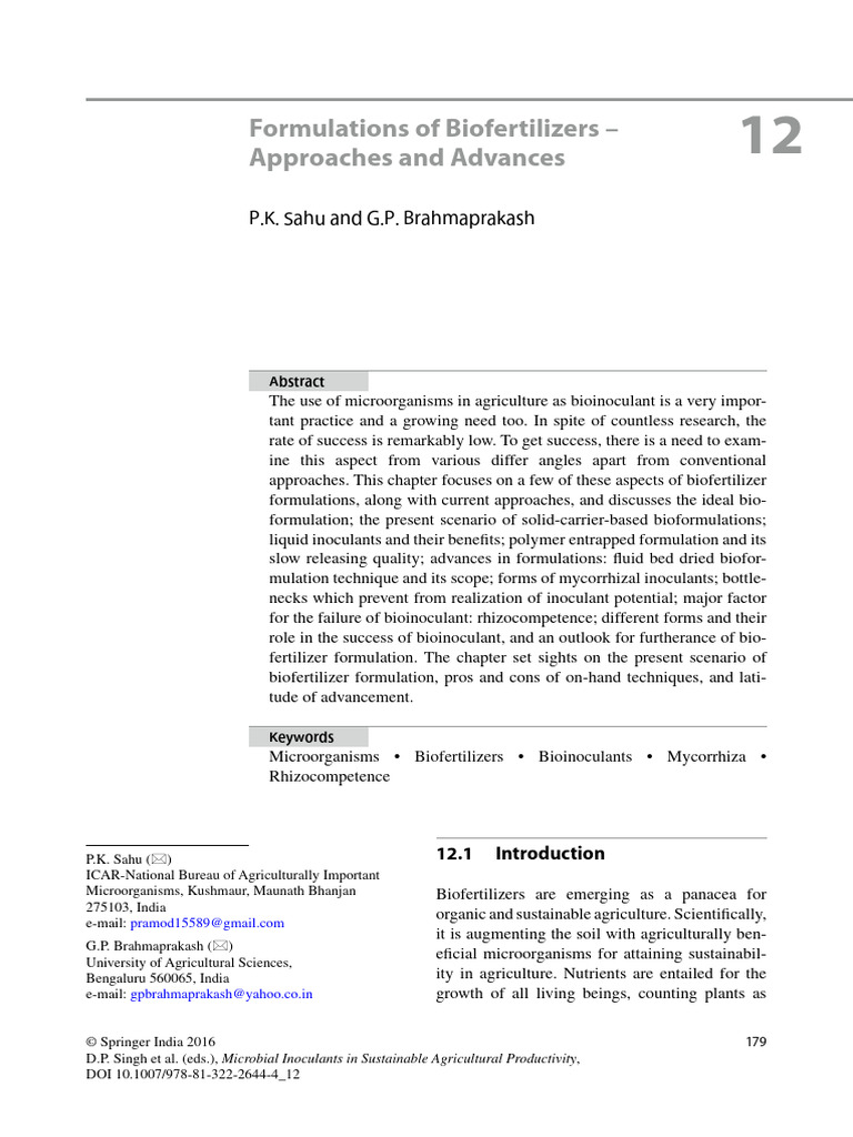 2016 - Formulations of Biofertilizers - Approaches and Advances | PDF | Soil | Seed