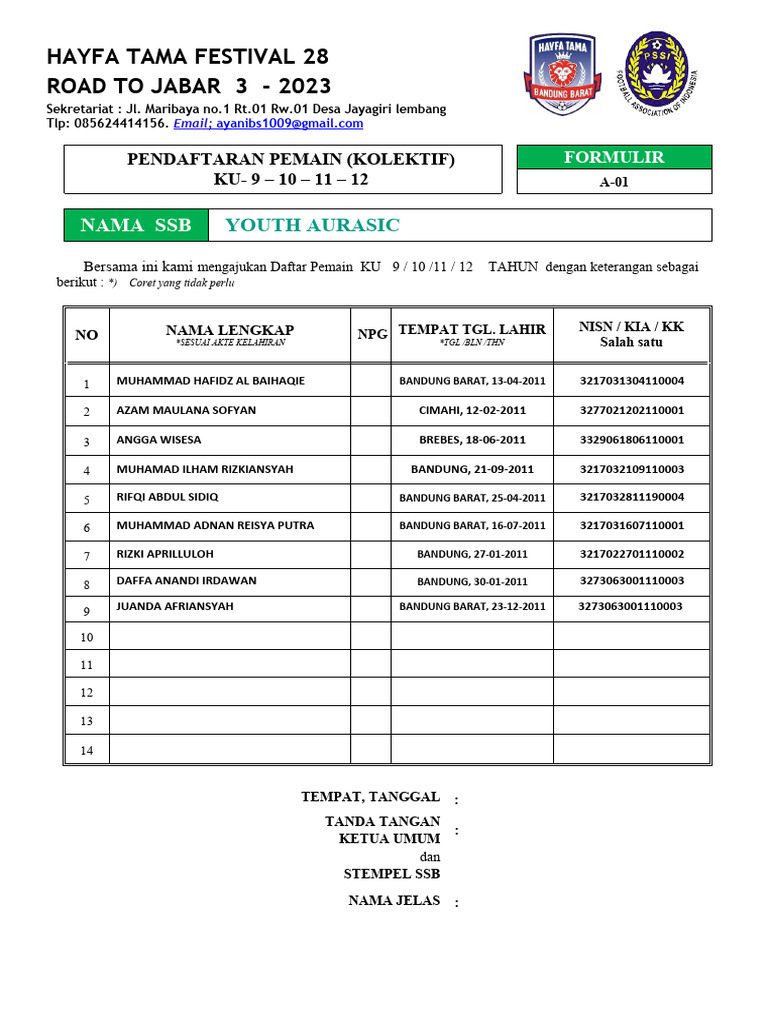 Pendaftaran Pemain Hayfa Tama Festival | PDF