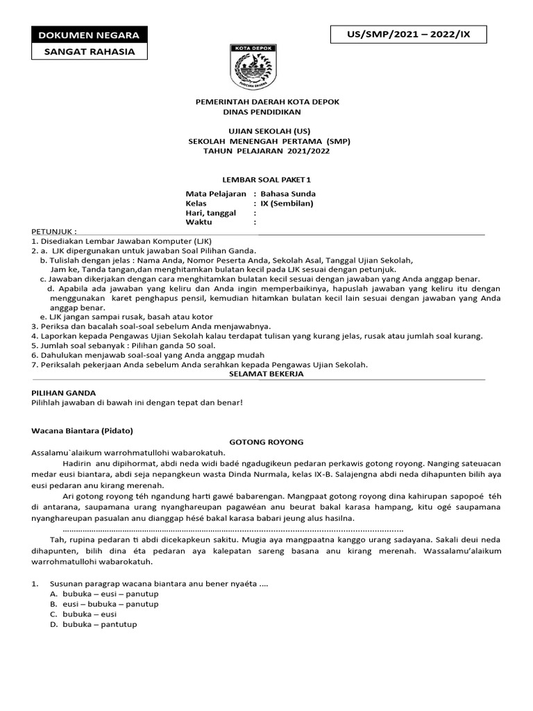 Latihan Soal Tryout 4 B. Sunda | PDF