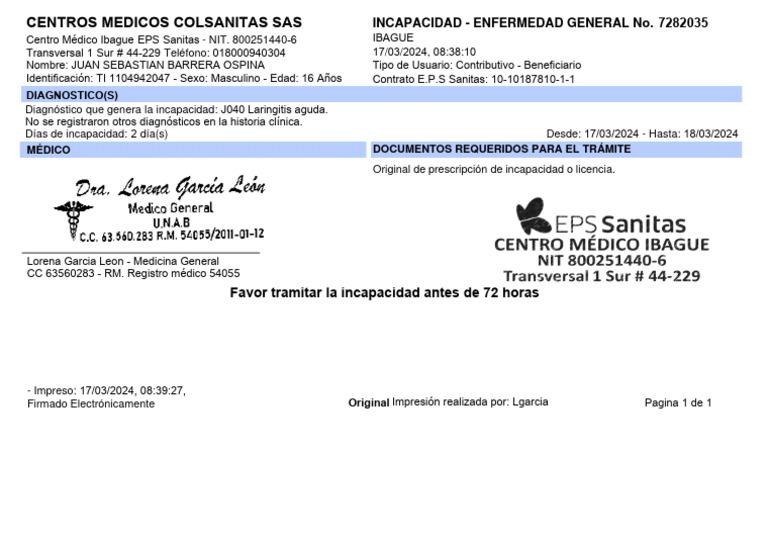 Incapacidad Médica Sanitas - J040 Laringitis | PDF | Ciencias sociales ...