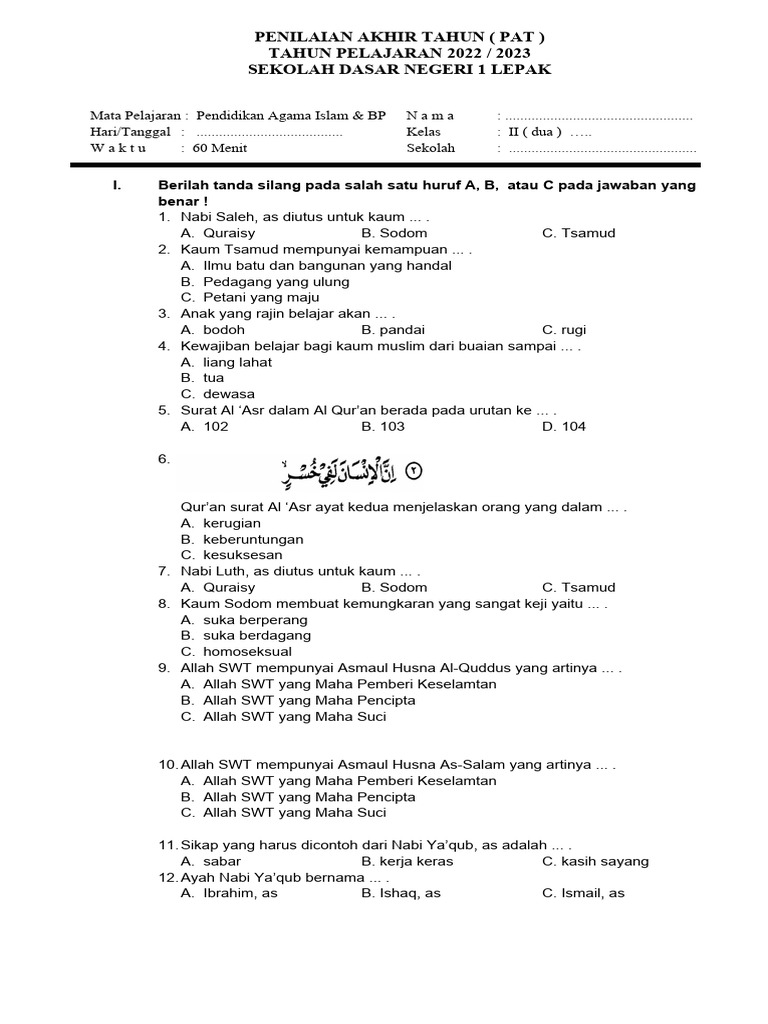 SOAL PAT PAI KELAS 2 2022 .2023 (1) | PDF