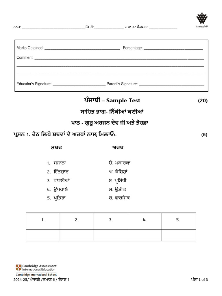 Cambridge Sample Test Class 6 Punjabi Cyclic Test - 1 (2024-25) | PDF